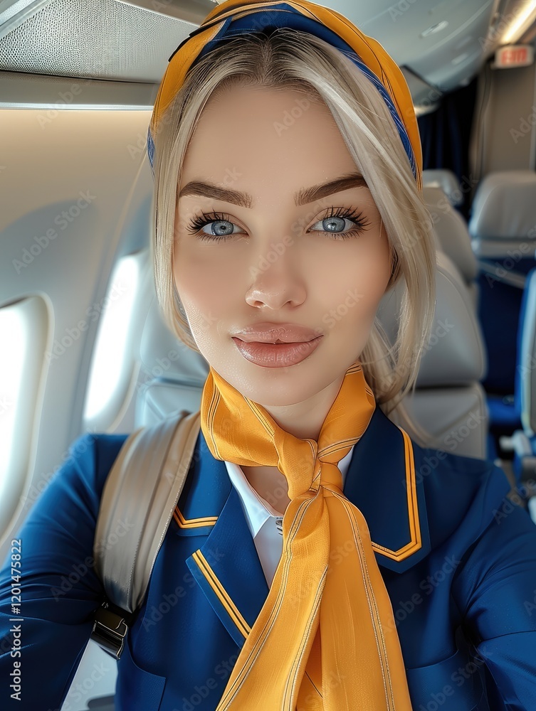 Beautiful flight attendant takes a selfie while sitting in the plane ...