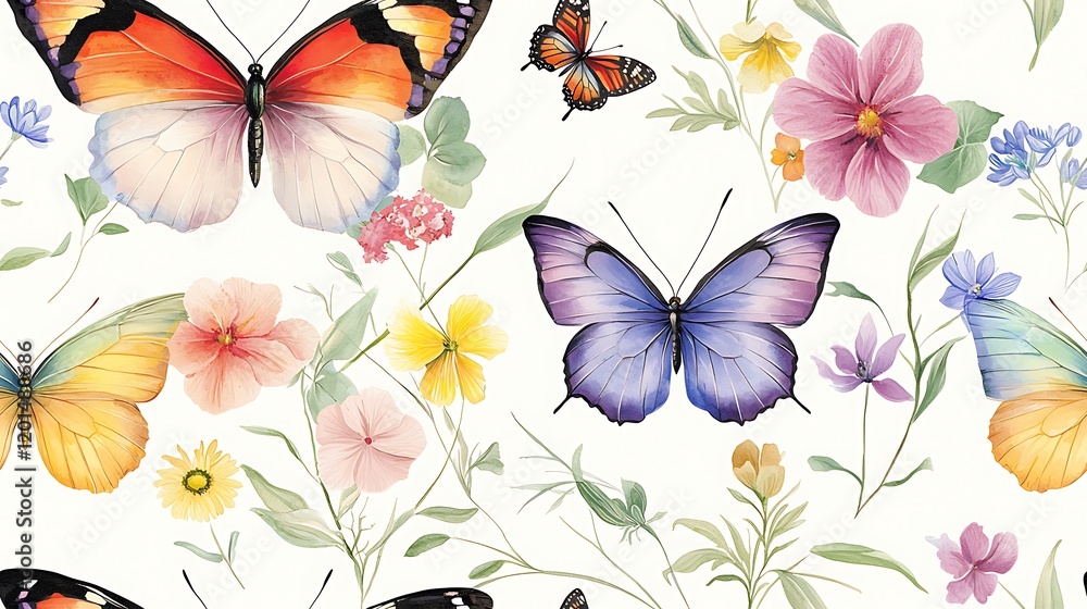 Colorful butterflies and flowers pattern; nature, spring, garden ...
