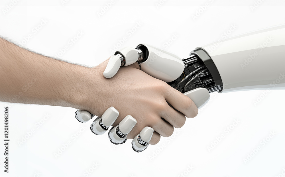 AI robot and human shaking hands. A handshake between a white robotic ...