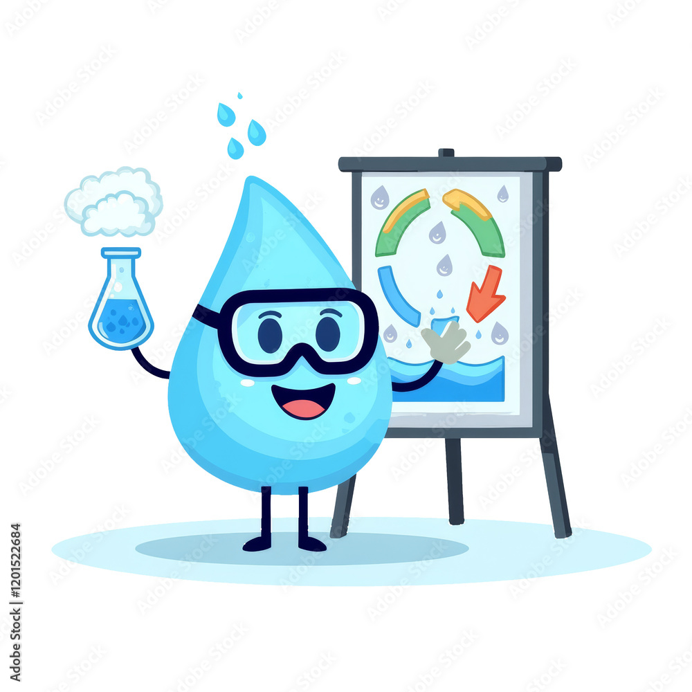 Cartoon water drop character with lab flask and water cycle diagram ...