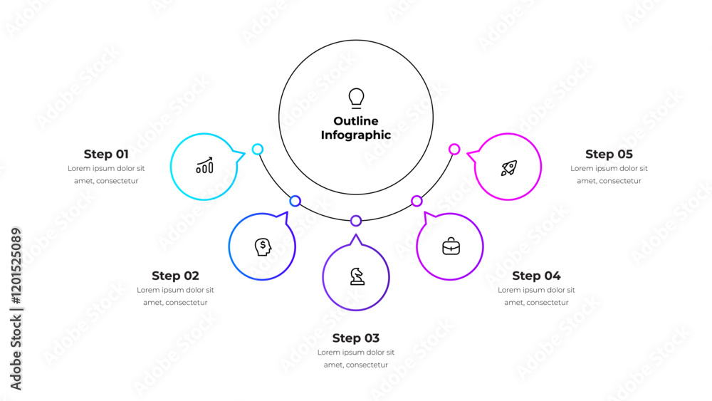 Line organization chart with five options, steps or processes. Center ...