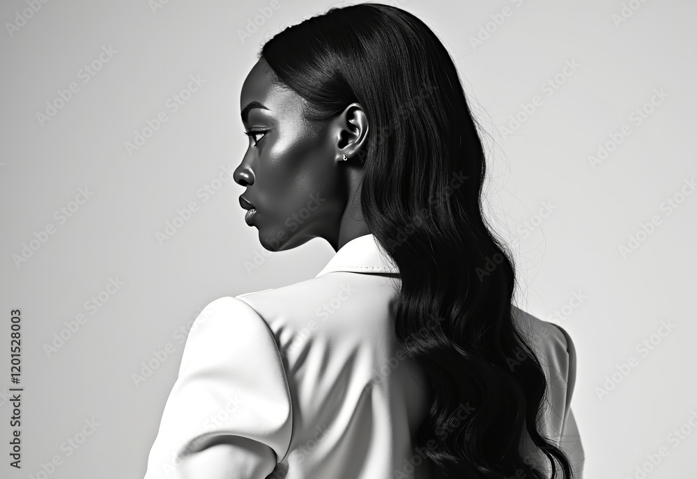 B&W Woman Portrait: Back View, Long Wavy Hair, White Suit Jacket ...