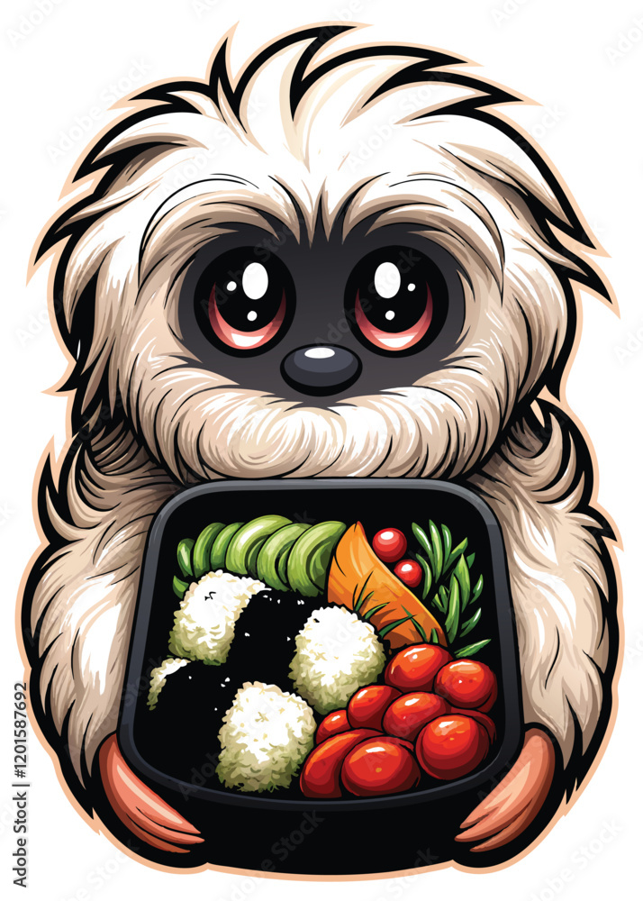 Design a cute, fluffy monster holding a colorful bento box filled with ...