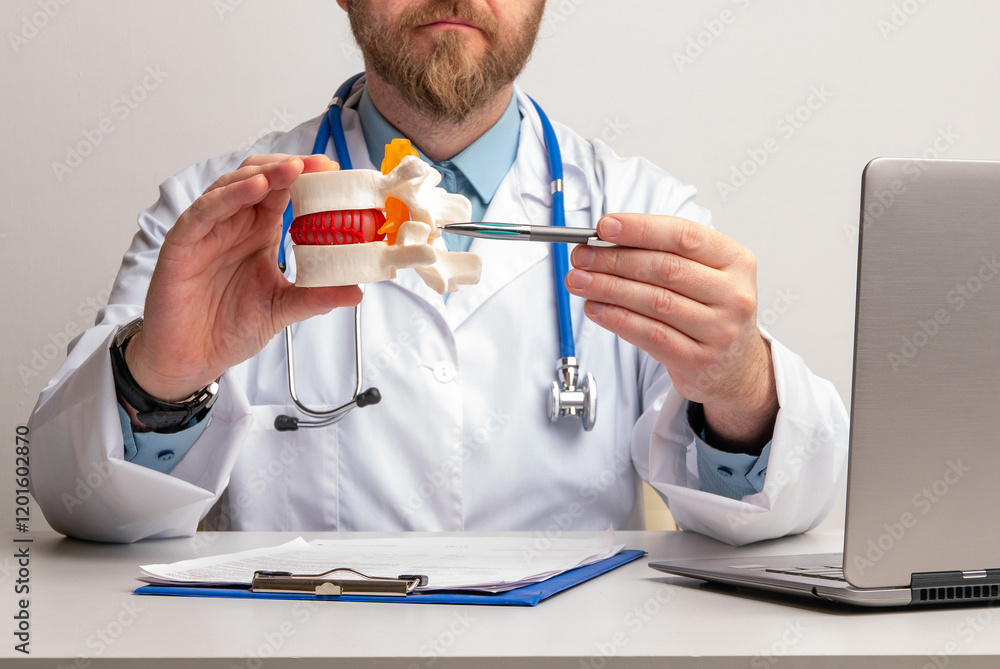 Anatomical lumbar disc herniation model in doctor hand while ...