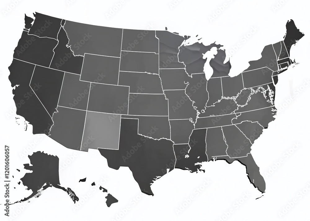 US States Map: Grey Scale Educational Map for Presentations & Reports ...