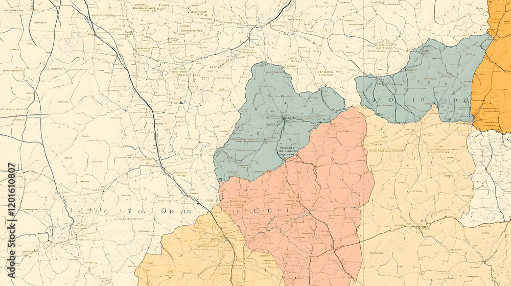 Vintage map depicting regional divisions of a rural area, showing roads ...