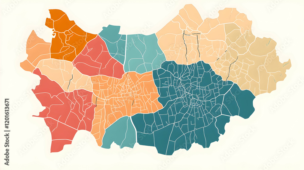 City administrative map, districts color-coded, urban planning ...