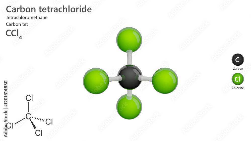 Molecule: Carbon Tetrachloride. Solvent. Molecular structure. Formula ...