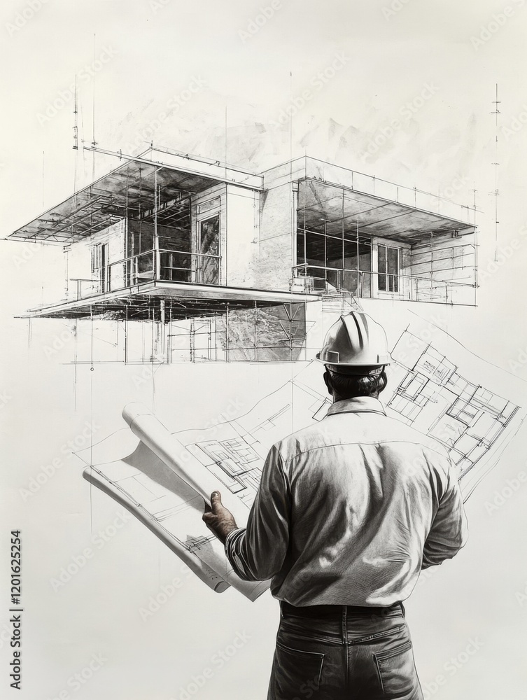 Architect analyzing blueprints for modern building design during ...