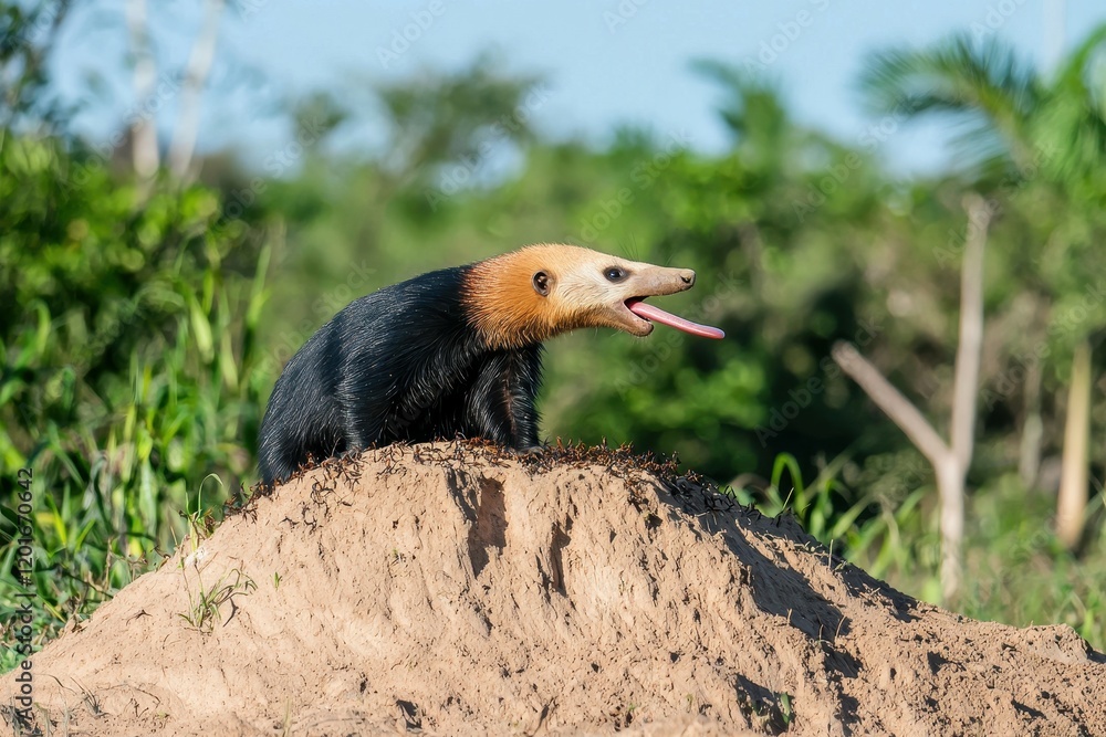 An anteater stretching its long tongue to reach ants on a termite mound ...