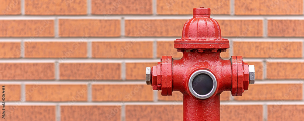 Outdoor fire hydrant equipment. Red fire hydrant against a brick wall ...