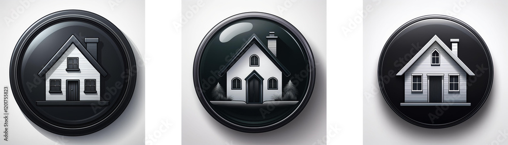 Three glossy black circular buttons feature a minimalist grayscale ...
