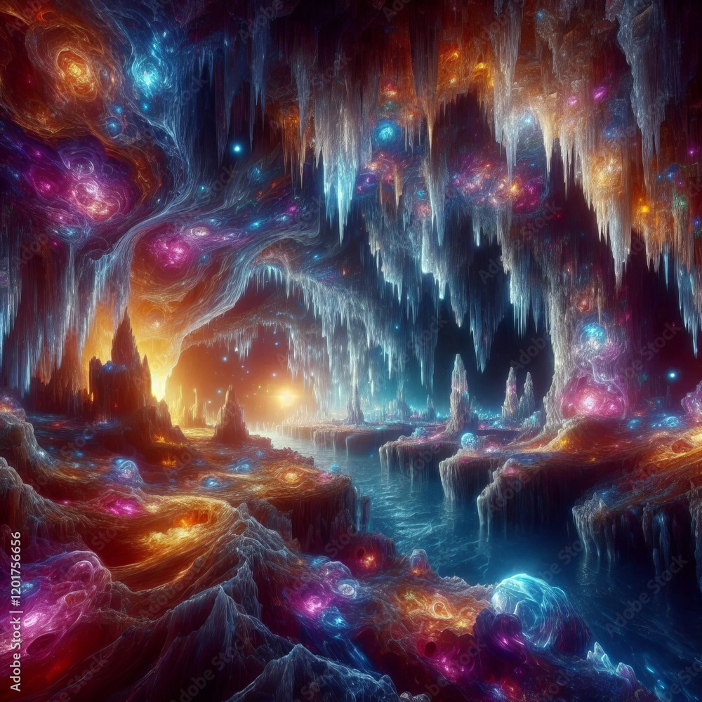 Cosmic Cavern A cave where the walls are made of crystal and lig Stock ...