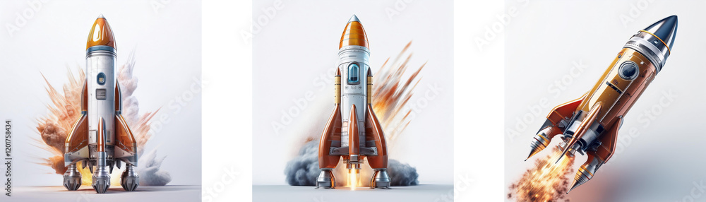 Three rockets launch, showcasing dynamic flight and fiery propulsion ...