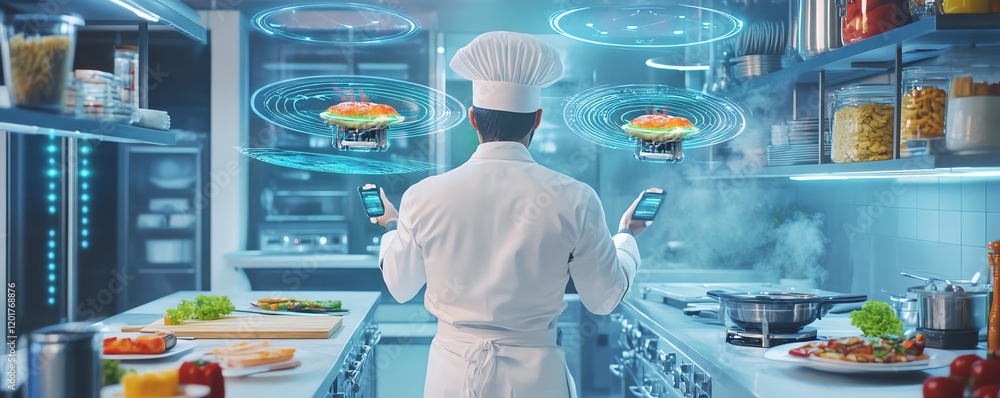 Chef using futuristic technology in a modern kitchen. Holographic ...
