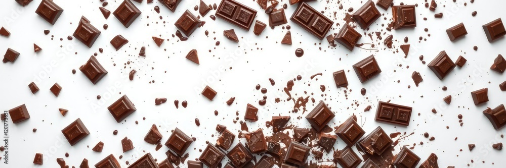 Chocolate bar pieces scattered on a white background with chocolate ...
