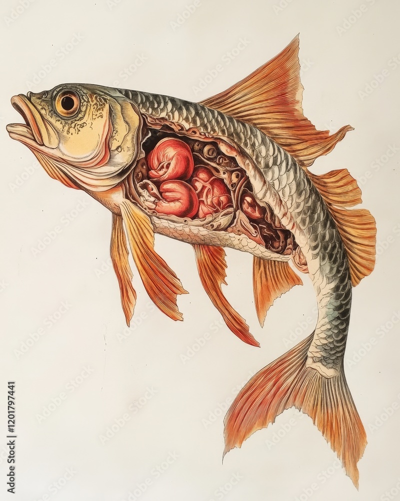 A detailed side view of a fish showing its gills, fins, and internal ...