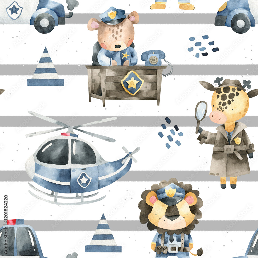 Seamless watercolor pattern with cute animal policeman on striped ...