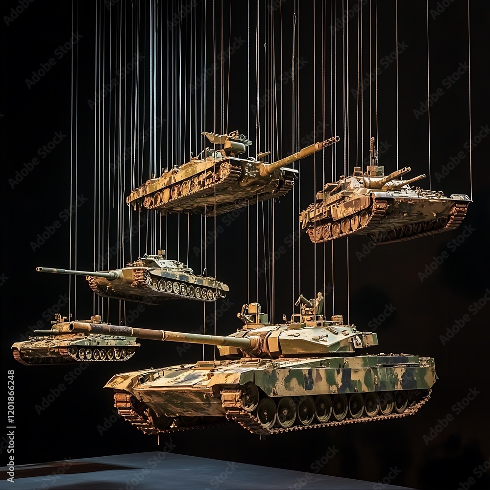 Suspended Tanks Military Vehicles Hanging Display on Wires Against Dark ...