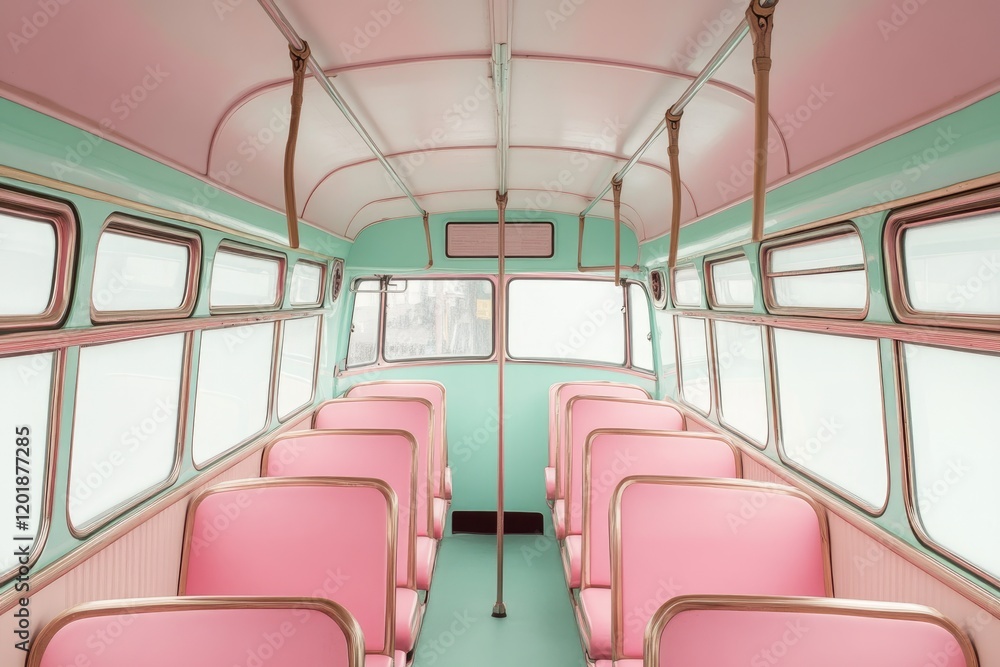 Foto de Stock Empty vintage bus interior with pastel pink seats and ...