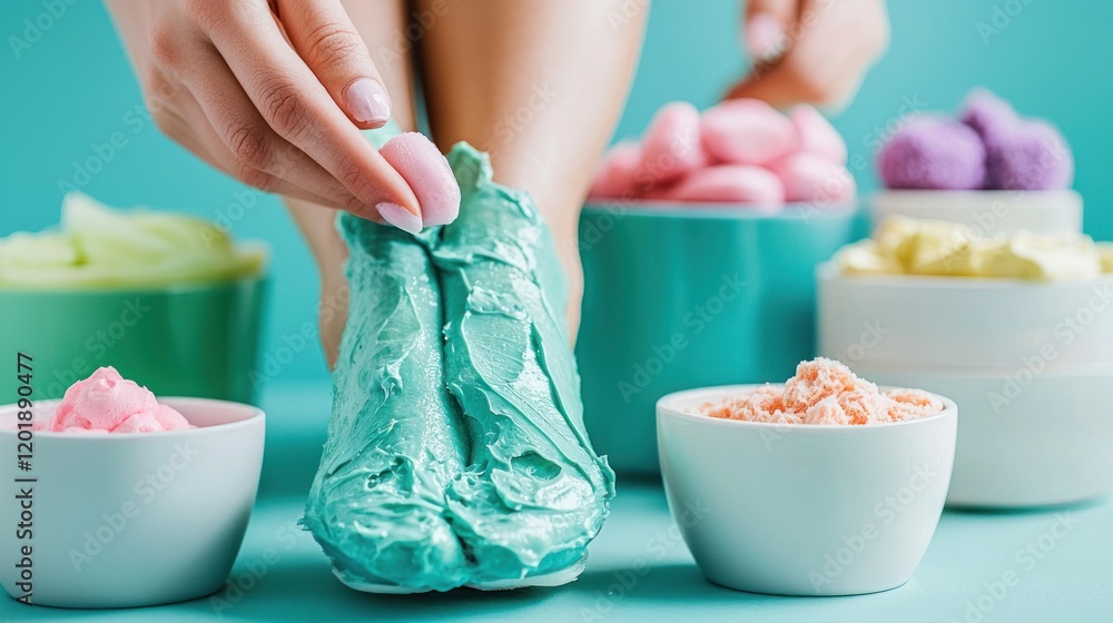 Woman's feet covered in pastel-colored cream near bowls of sweets ...