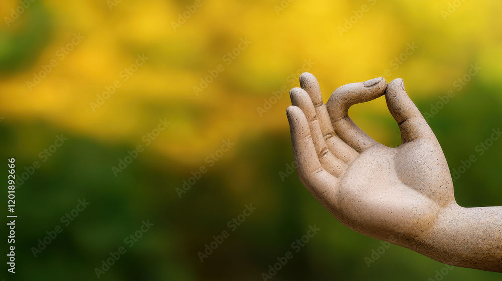 Nirvana Day Themed, close up of sculpted Buddha hand in Abhaya mudra ...
