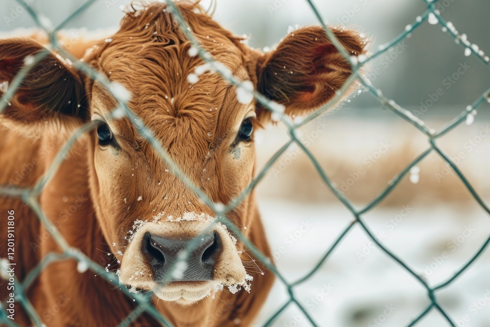 Detailed Picture of Small Calf Peeking Behind a Fence on a Winter Farm ...