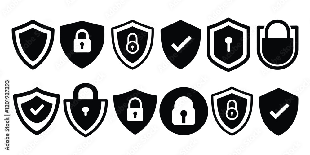 Set of security shield icons, security shields logotypes with check mark and padlock. Security ...