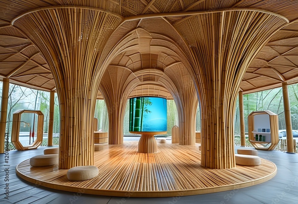 An architectural installation features bamboo columns supporting a ...