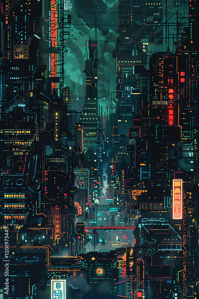 Bring to life a pixel art representation of a cyberpunk metropolis seen ...