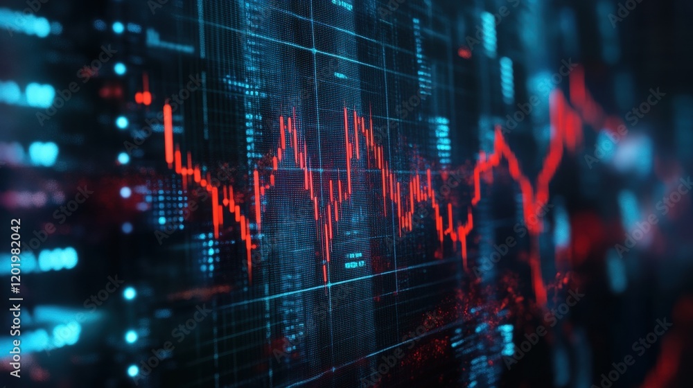 Red and blue stock chart with fluctuating lines on a black background ...