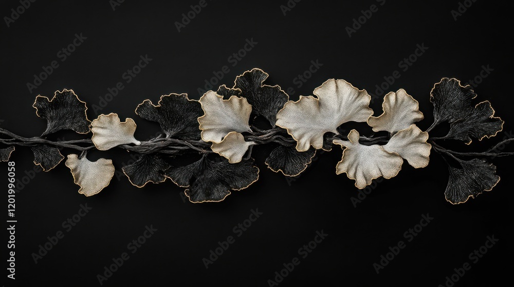 Rock-shield Lichen lichen in black and gold colors on dark matte ...