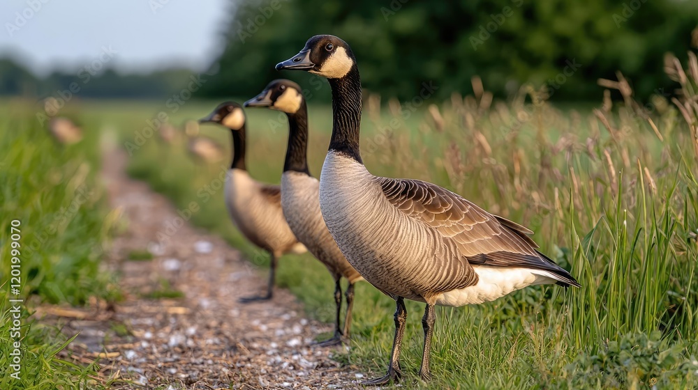 Canada geese walking on rural path, green field background, wildlife ...