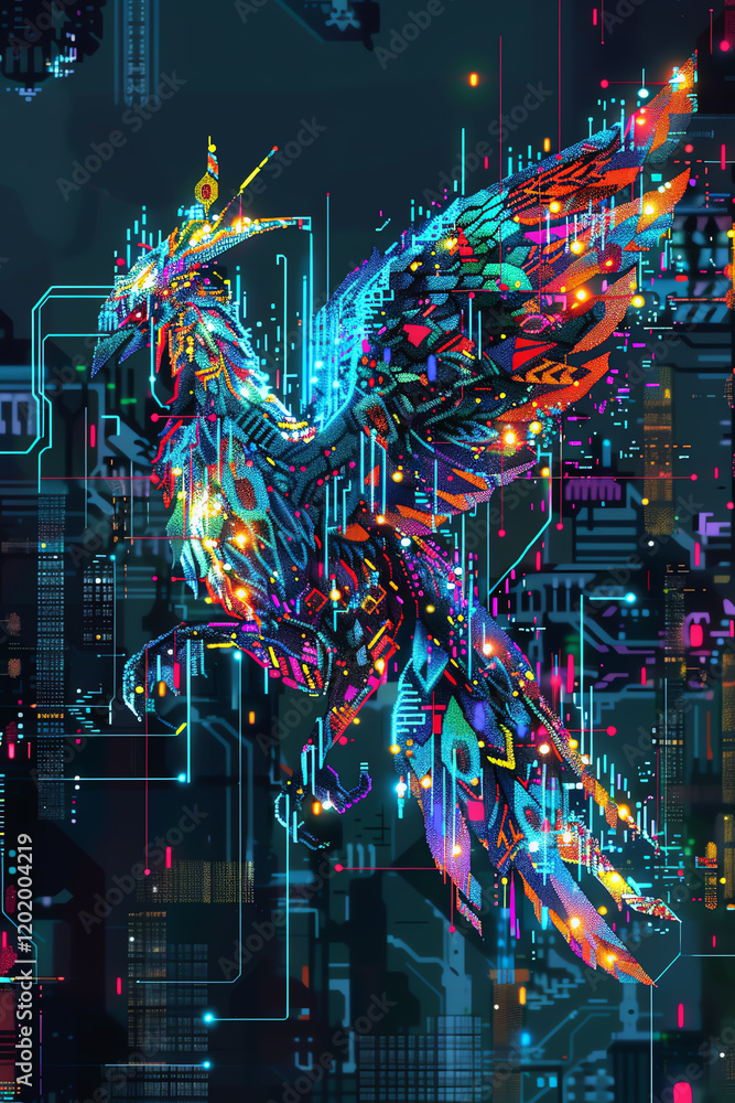 Visualize the intricate circuitry of a Cyber Phoenix in a vibrant pixel ...