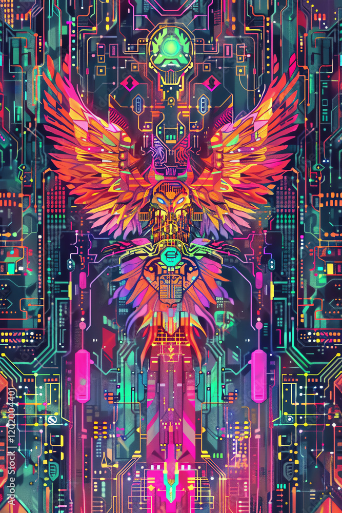 Visualize the intricate circuitry of a Cyber Phoenix in a vibrant pixel ...