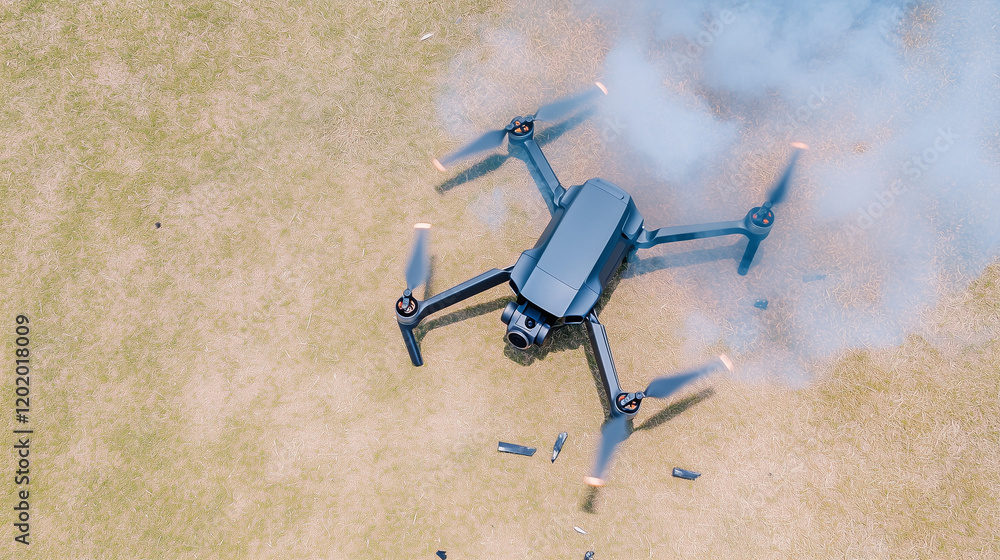 Aerial view of a crashed drone in a grassy field with scattered debris ...