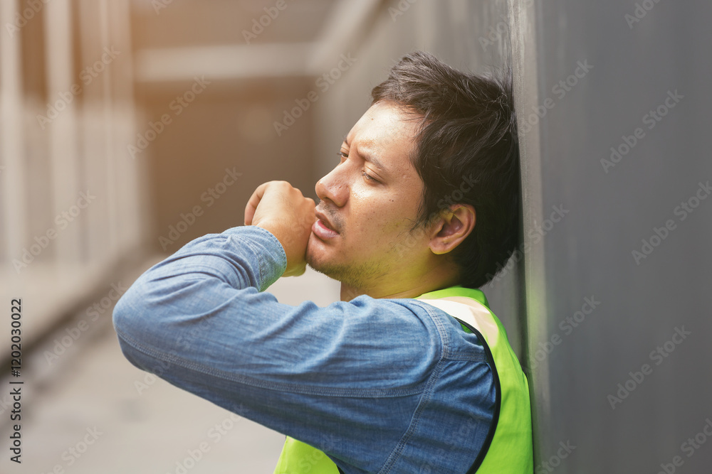 Asian male worker tired and thirst of water at construction site. Construction builder worker ...