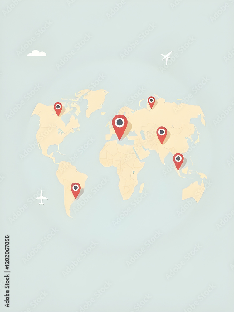AI Generated flat vector map featuring minimalist location pins, planes ...