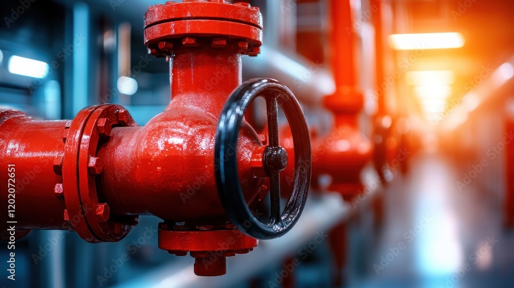 A bright red industrial valve is shown with a control handle ...