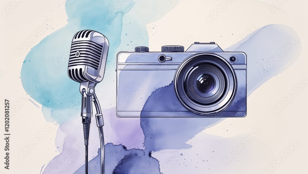 Microphone and Camera Watercolor Illustration on White Background ...