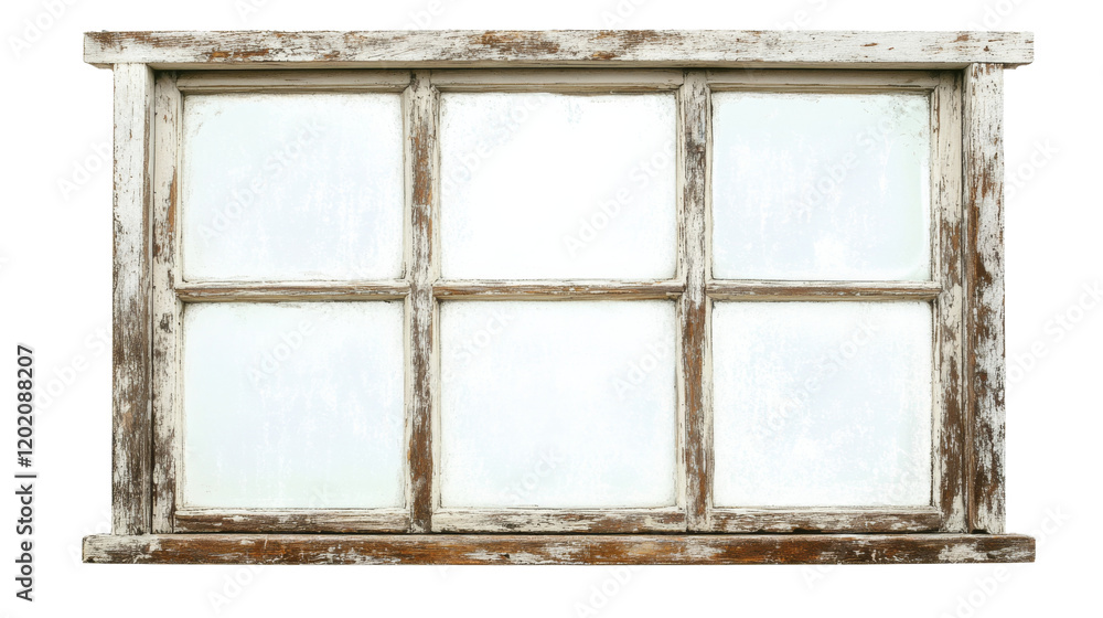 Weathered wooden window frame, rustic design, frosted glass panes ...