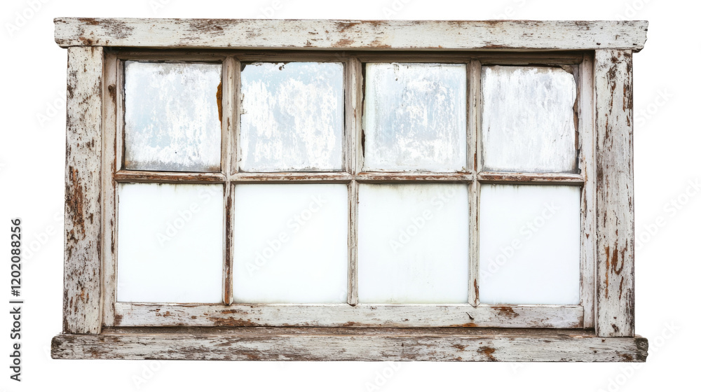 Weathered wooden window frame, rustic design, frosted glass panes ...