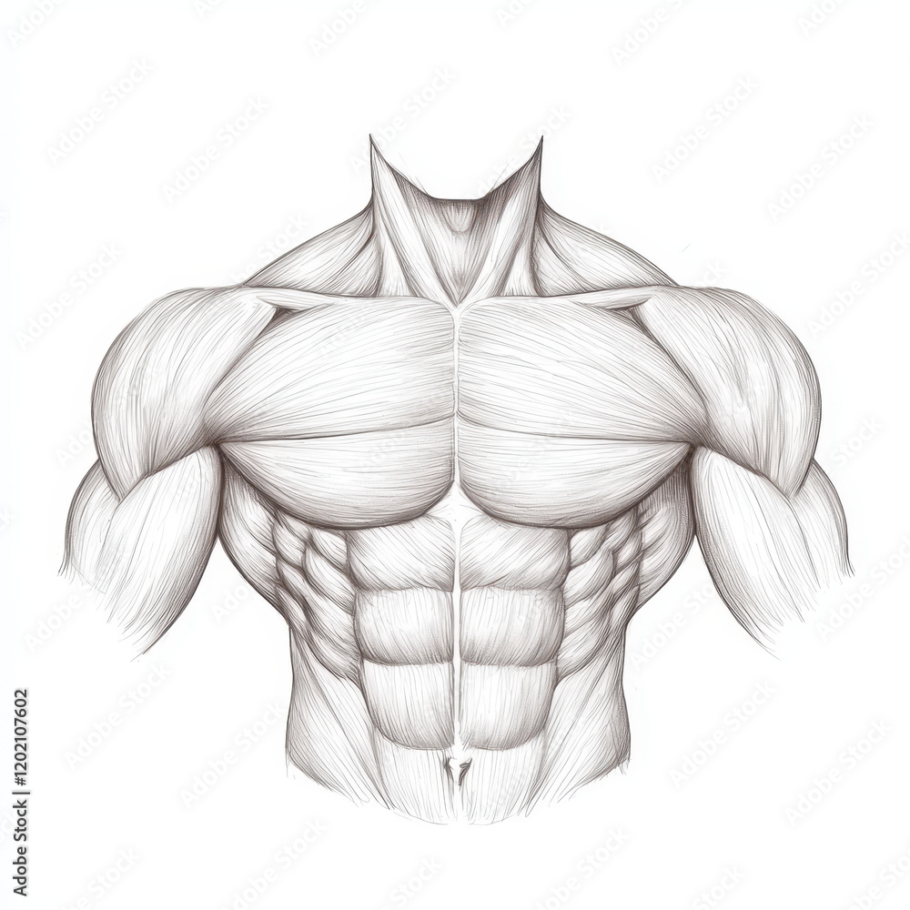 Chest Muscle. Realistic drawing of chest muscles in pencil sketch style ...