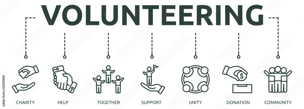 Printvolunteering outline banner icon of charity, help, together ...