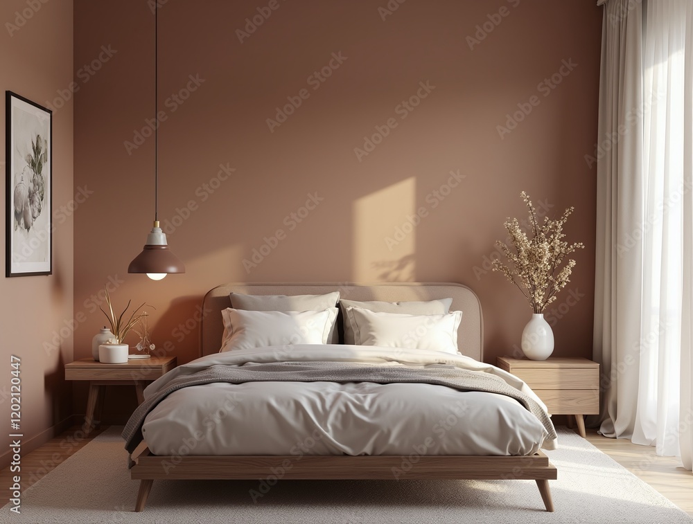 Luxurious bedroom with warm Mocha mousse color scheme 2025 trend Brown ...