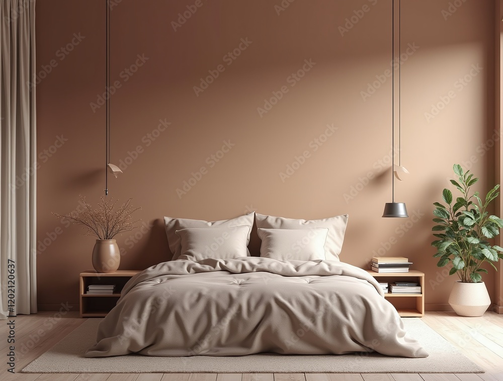 Luxurious bedroom with warm Mocha mousse color scheme 2025 trend Brown ...