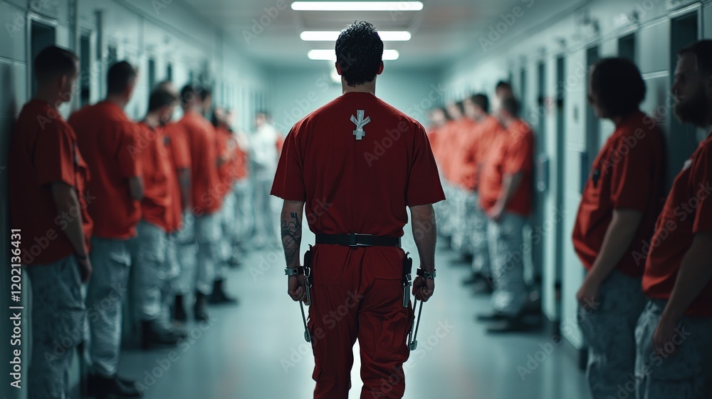 An inmate being led in handcuffs through a prison corridor, with other ...