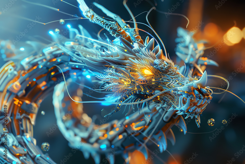 Produce a digital rendering of a mythical dragon intertwined with ...