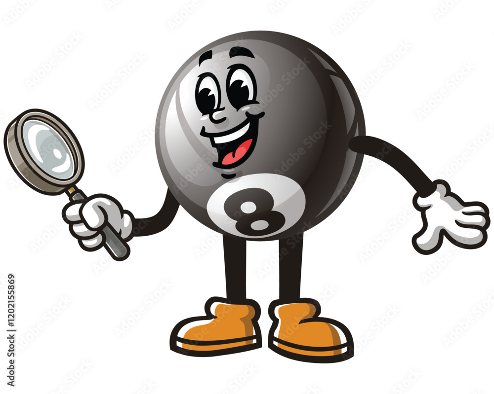 Billiard Ball with magnifying glass, Cartoon Character Mascot ...