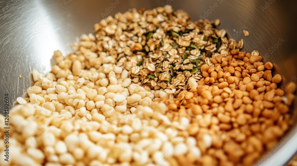 Mix of various edible grains and seeds displayed in a metal bowl with ...